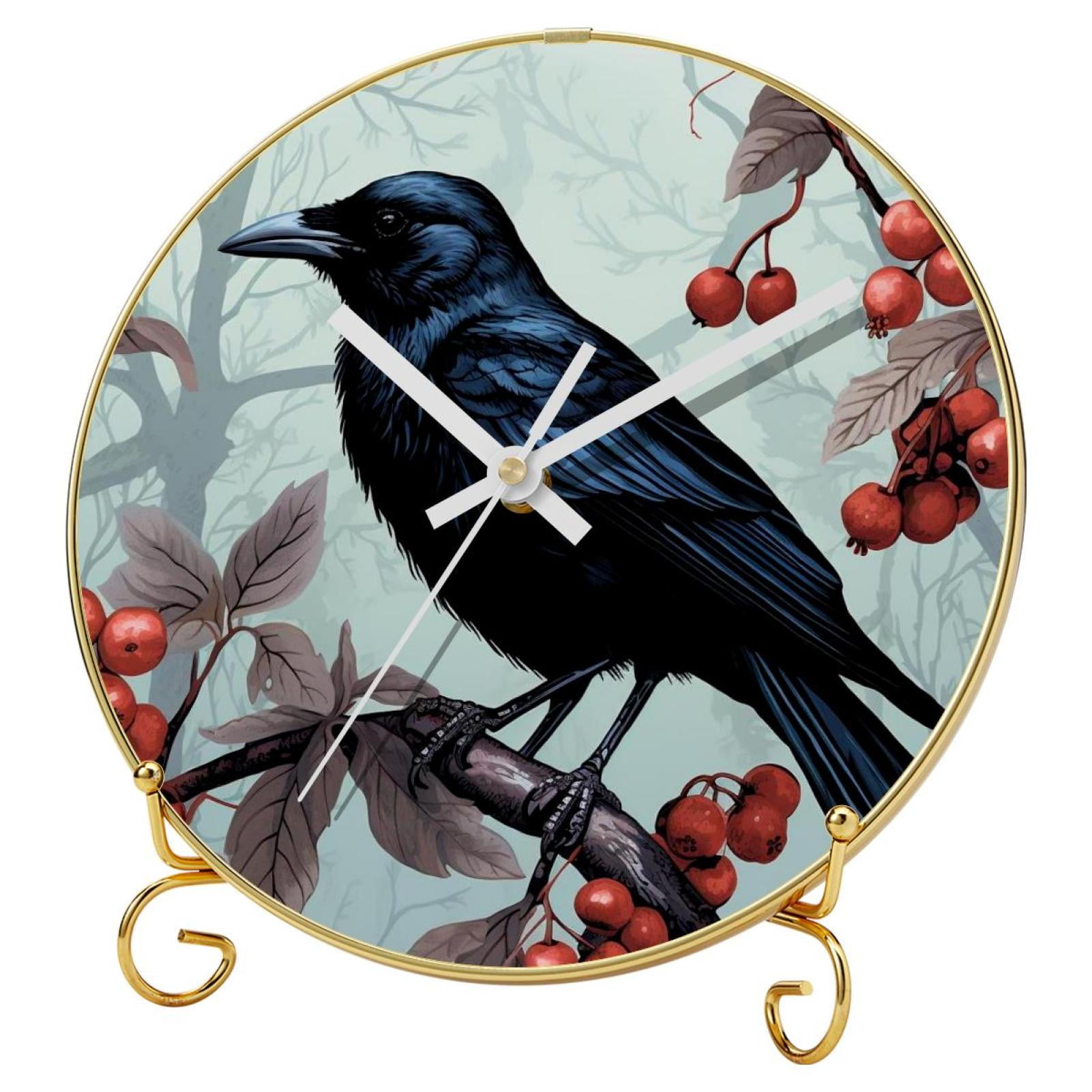 Crow Modern Round Wall Clock with Hooks and Gold Stand - Silent Non ...