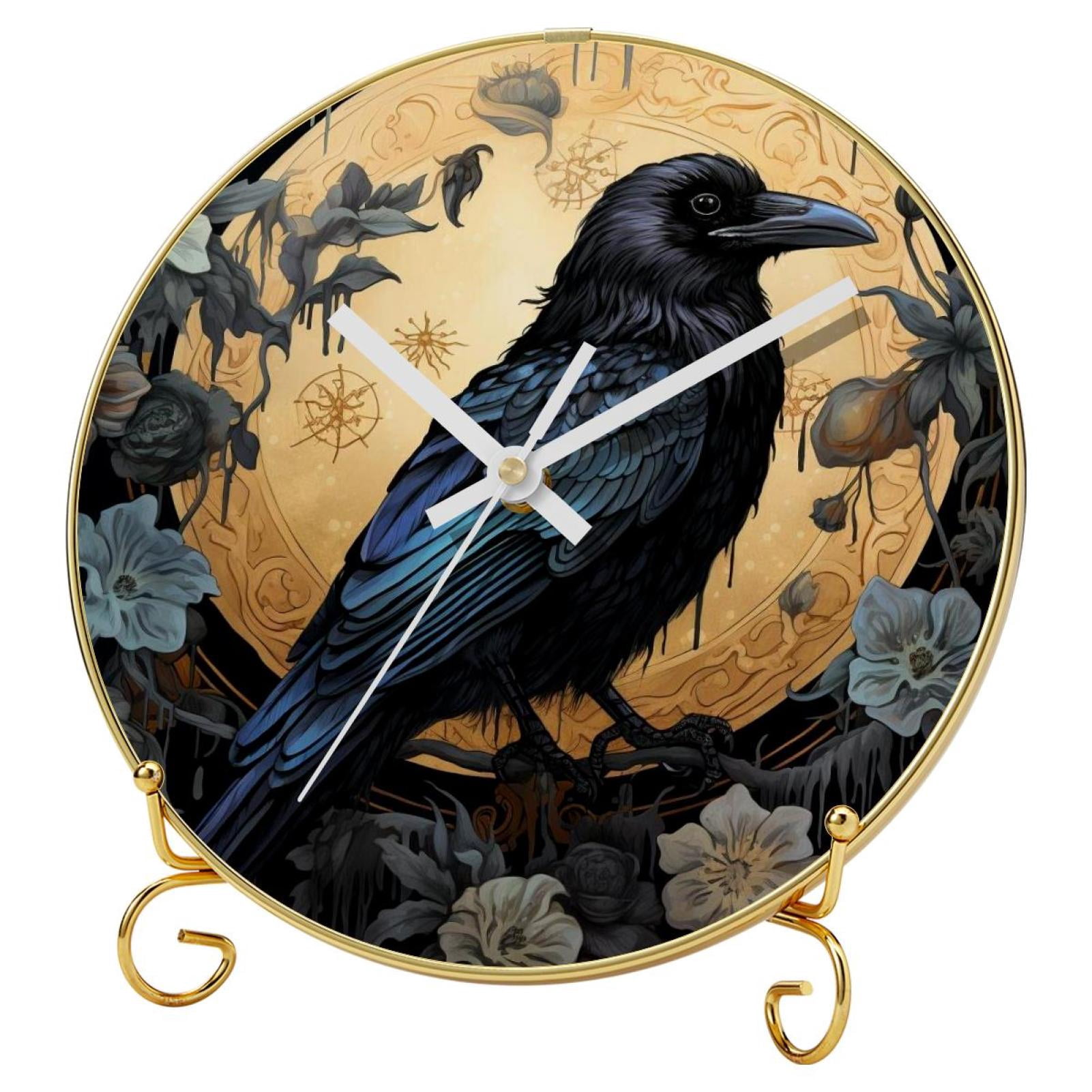 Crow Modern Round Wall Clocks with Printed Design, Hooks, and Gold Stand - Silent Non Ticking ...