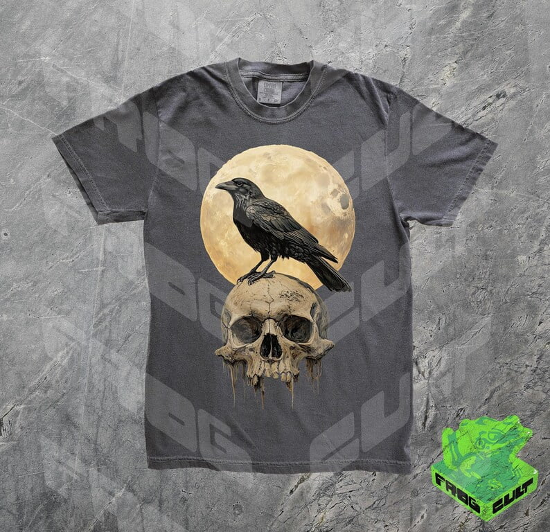 Crow On Skull Dark Vintage Shirt – Spooky Full Moon Tee, Goth Emo Bird ...