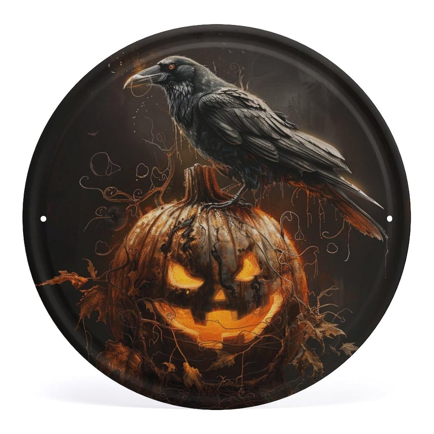 Crow with Orange Pumpkin Round Metal Tin Sign Rustic Halloween Art ...