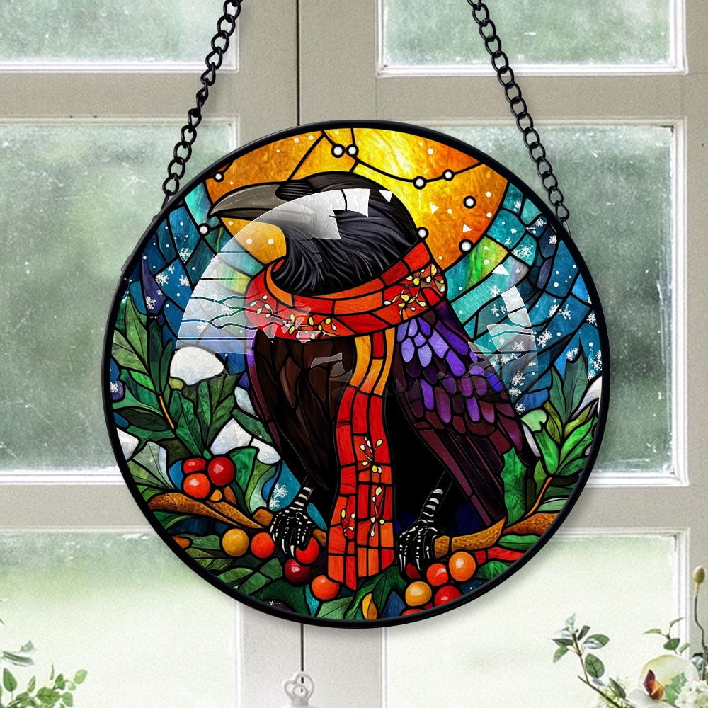 Crow Ornament Christmas 2025, Crow Stained Glass Window Decoration ...