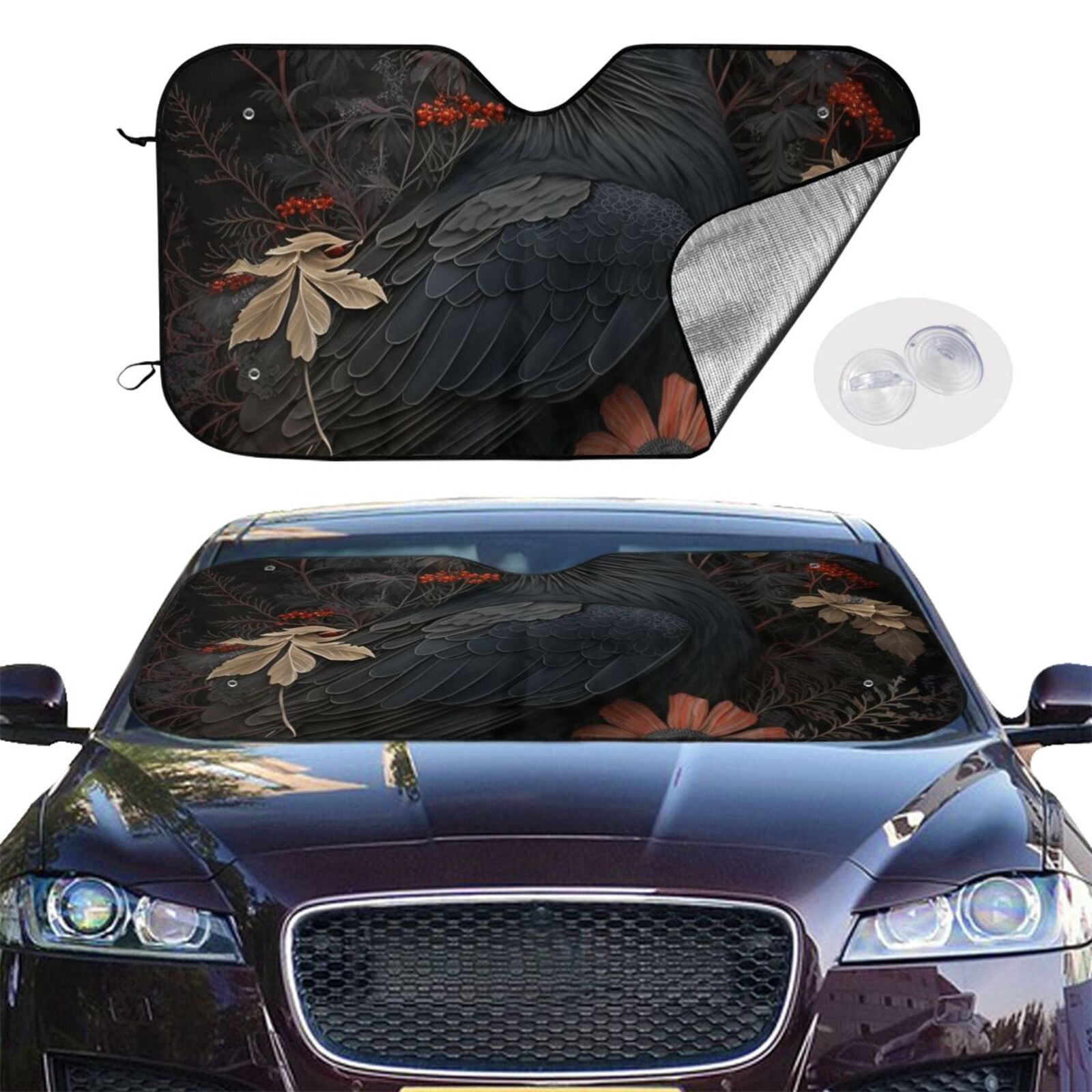 Crow Raven Flowers Gothic Black Windshield Sunshade Sun Shade Front ...