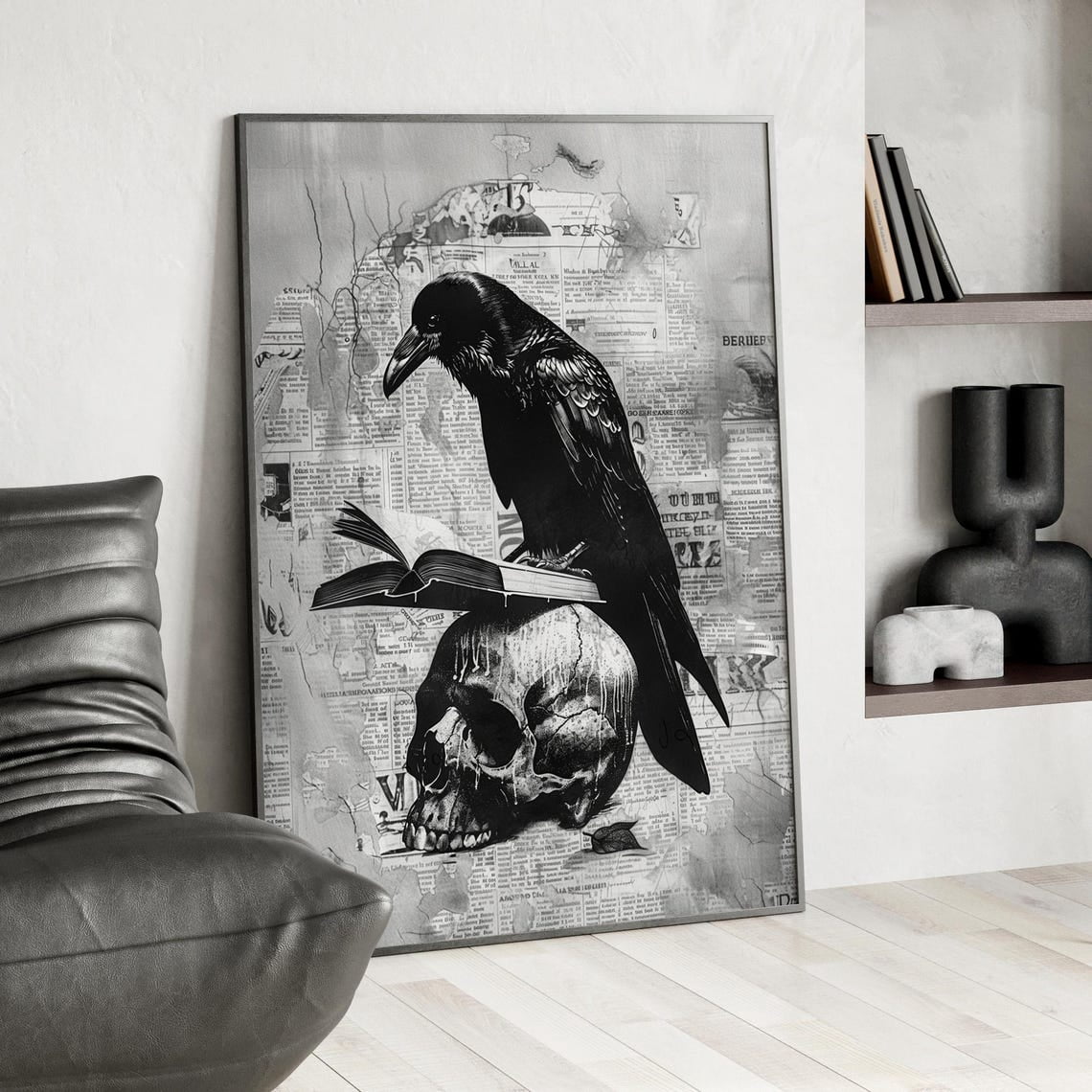 Crow Reading Book on Skull Newspaper Vintage Bookish Black Raven Gothic ...
