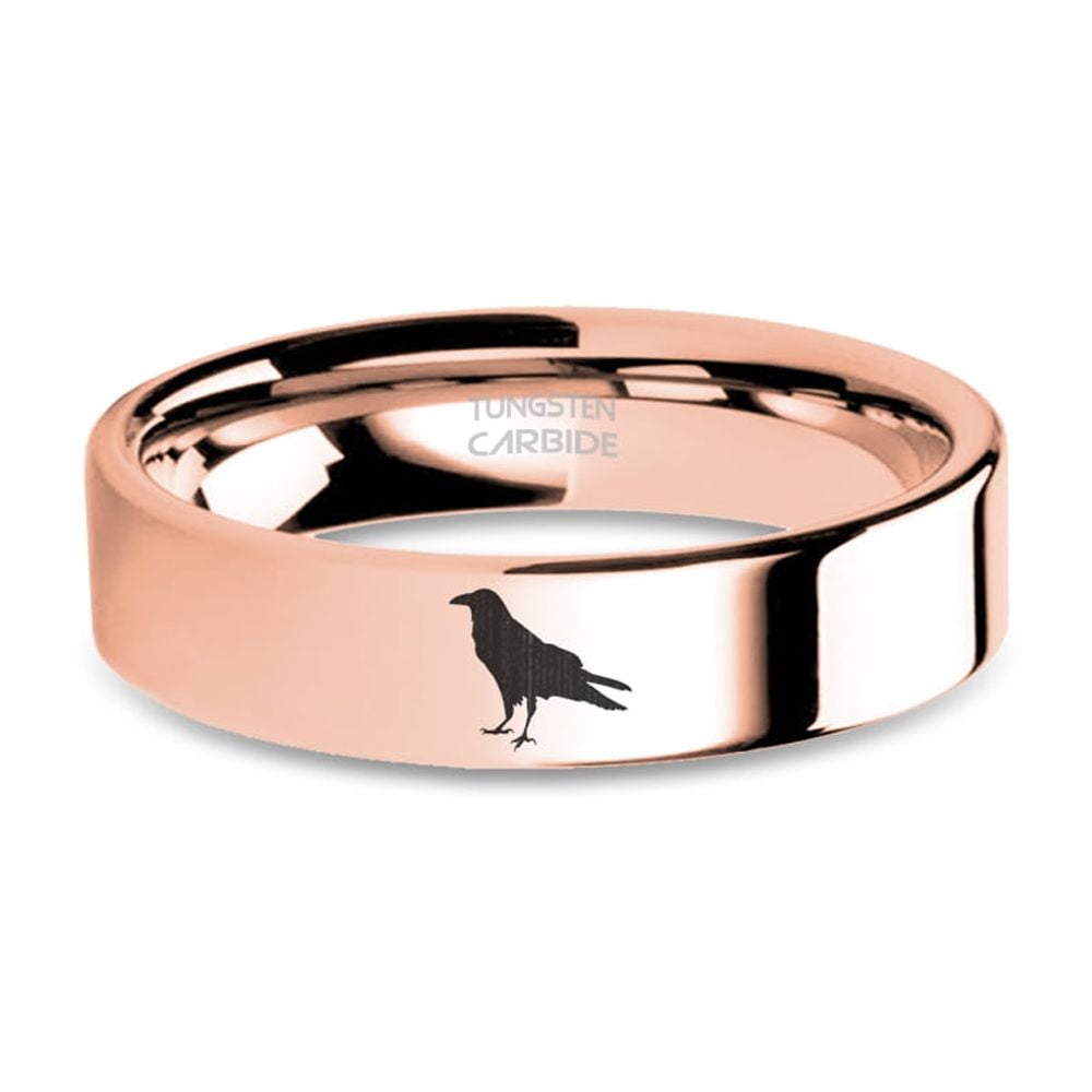 Crow Rook Magpie Laser Engraved Rose Gold Polished Tungsten Ring, 6mm ...