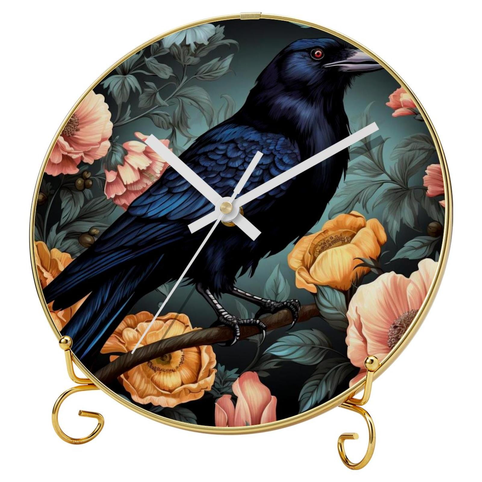 Crow Round Printed Wall Clock with Hooks and Gold Stand - Silent Non ...