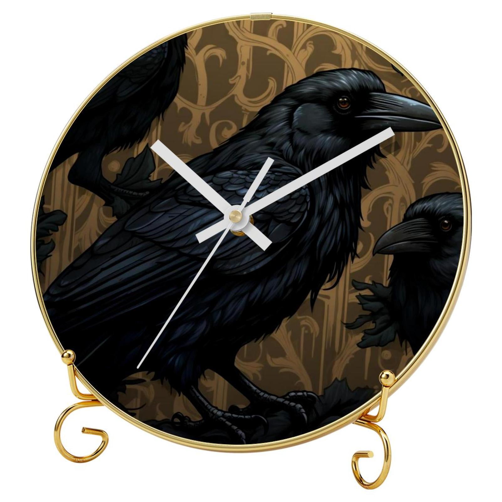 Crow Round Printed Wall Clock with Hooks and Gold Stand - Silent Non ...