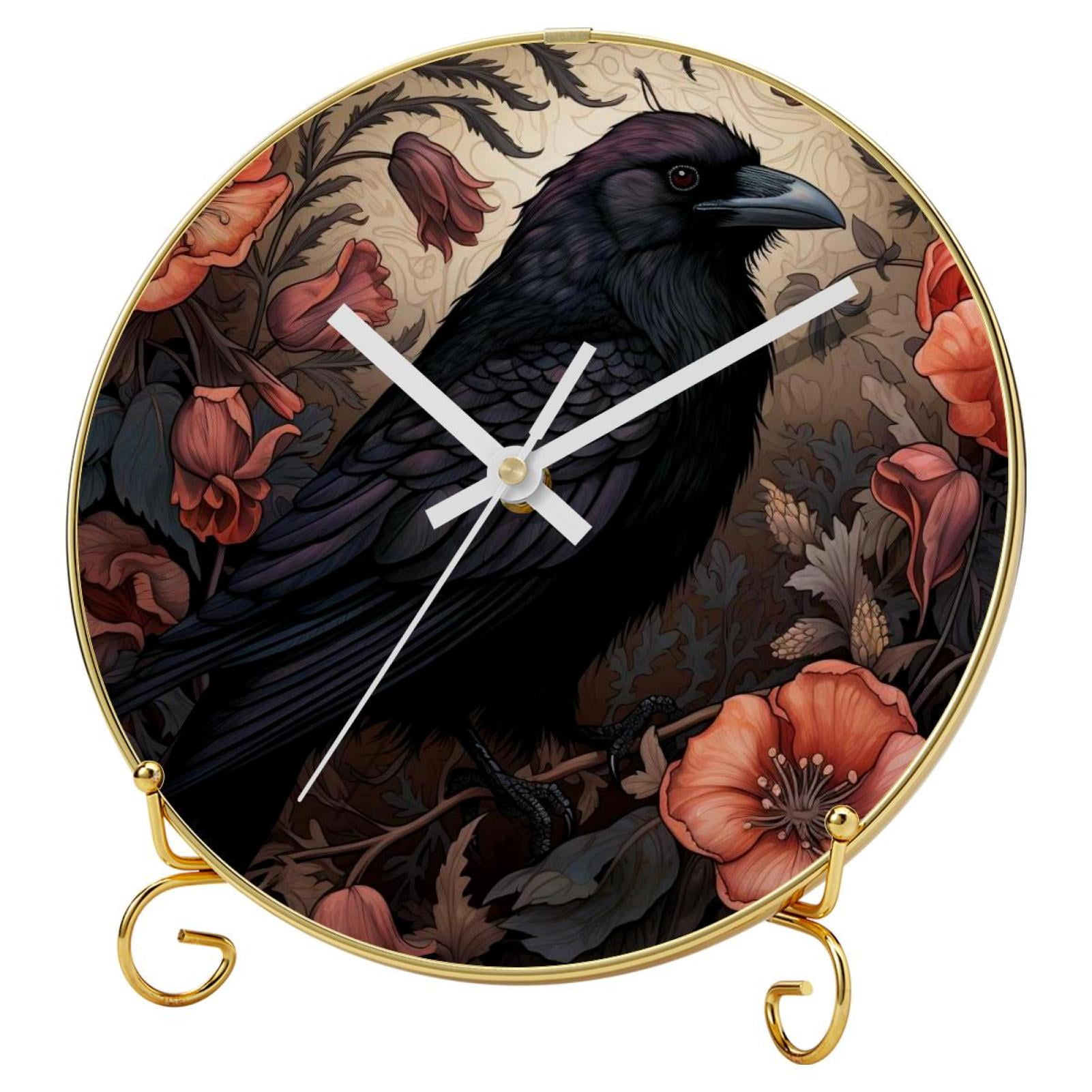 Crow Round Printed Wall Clocks with Hooks and Gold Stand - Silent Non ...