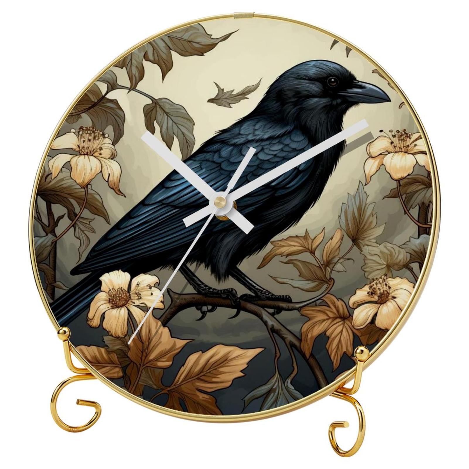 Crow Round Wall Clock with Hooks and Gold Stand - for Stylish and ...