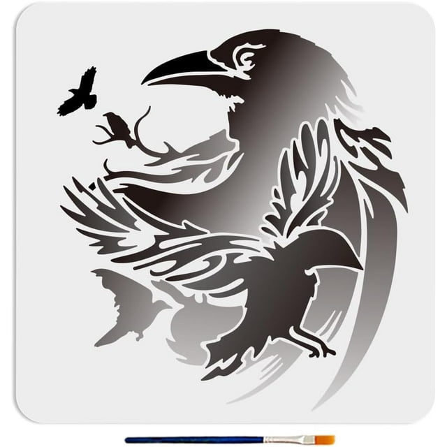 Crow Stencil 11.8×11.8inch Large Raven Stencils with Paint Brush Crow on Branch Primitive Flying ...