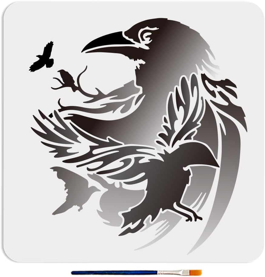 Crow Stencil 11.8×11.8inch Large Raven Stencils with Paint Brush Crow on Branch Primitive Flying ...