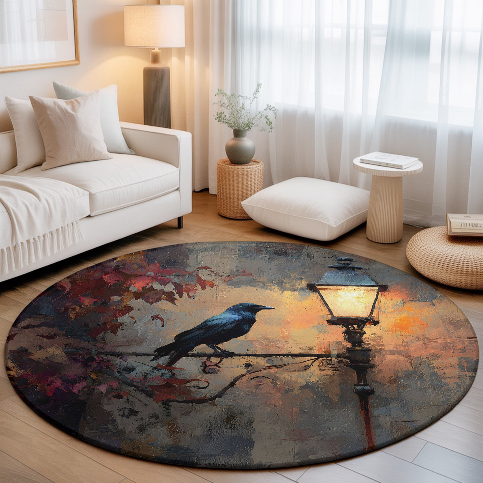 Crow Streetlight Round Living Room Rugs 6 ft, Nature Animal Autumn ...