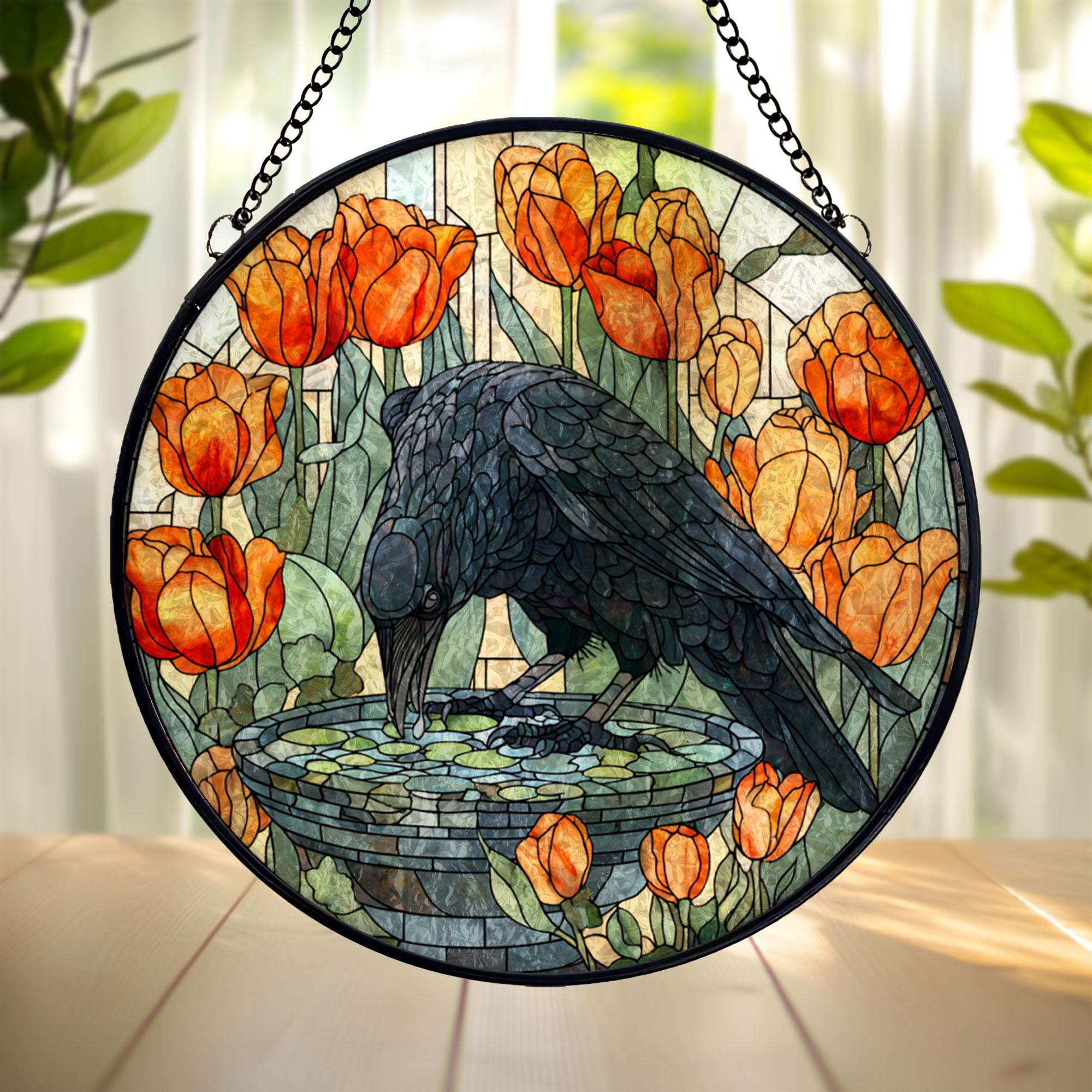 Crow Suncatcher, Stained Glass Style Acrylic Window Hanging, Gothic ...