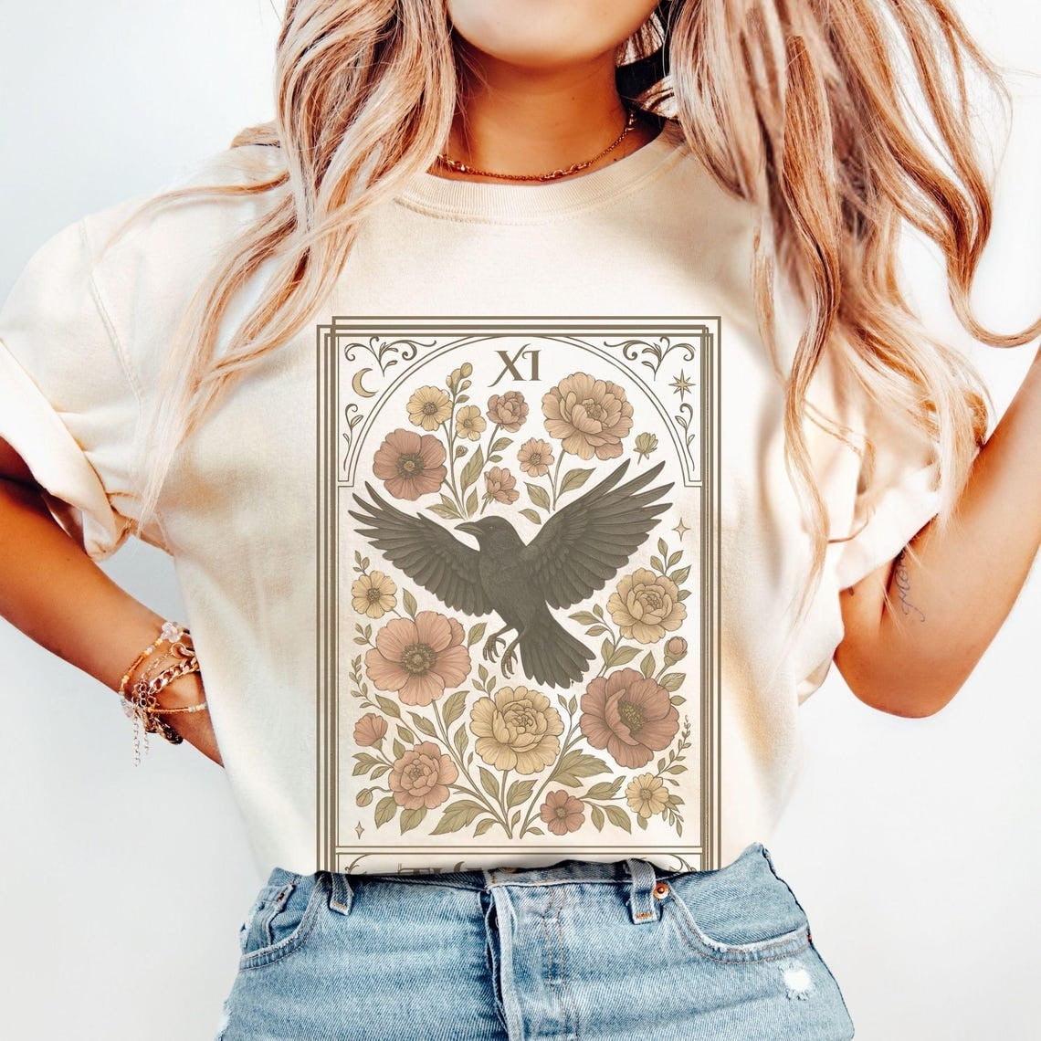 Crow TarotShirt Botanical Gothic T-Shirt Vintage Raven Witchcore ...