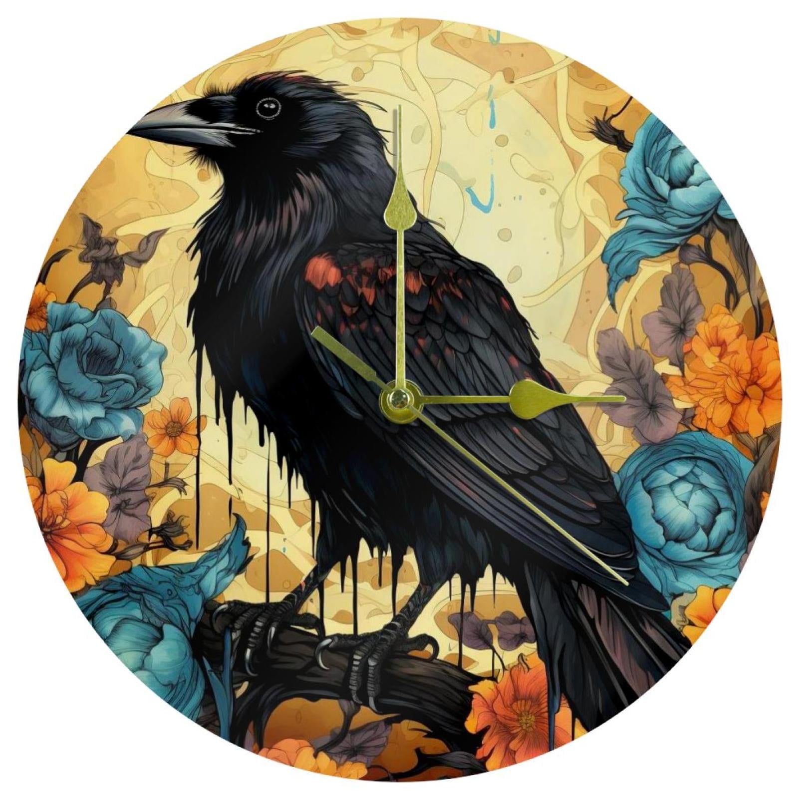 Crow Wall Clocks: Round Acrylic 9.8 Inches Silent Non Ticking Battery ...