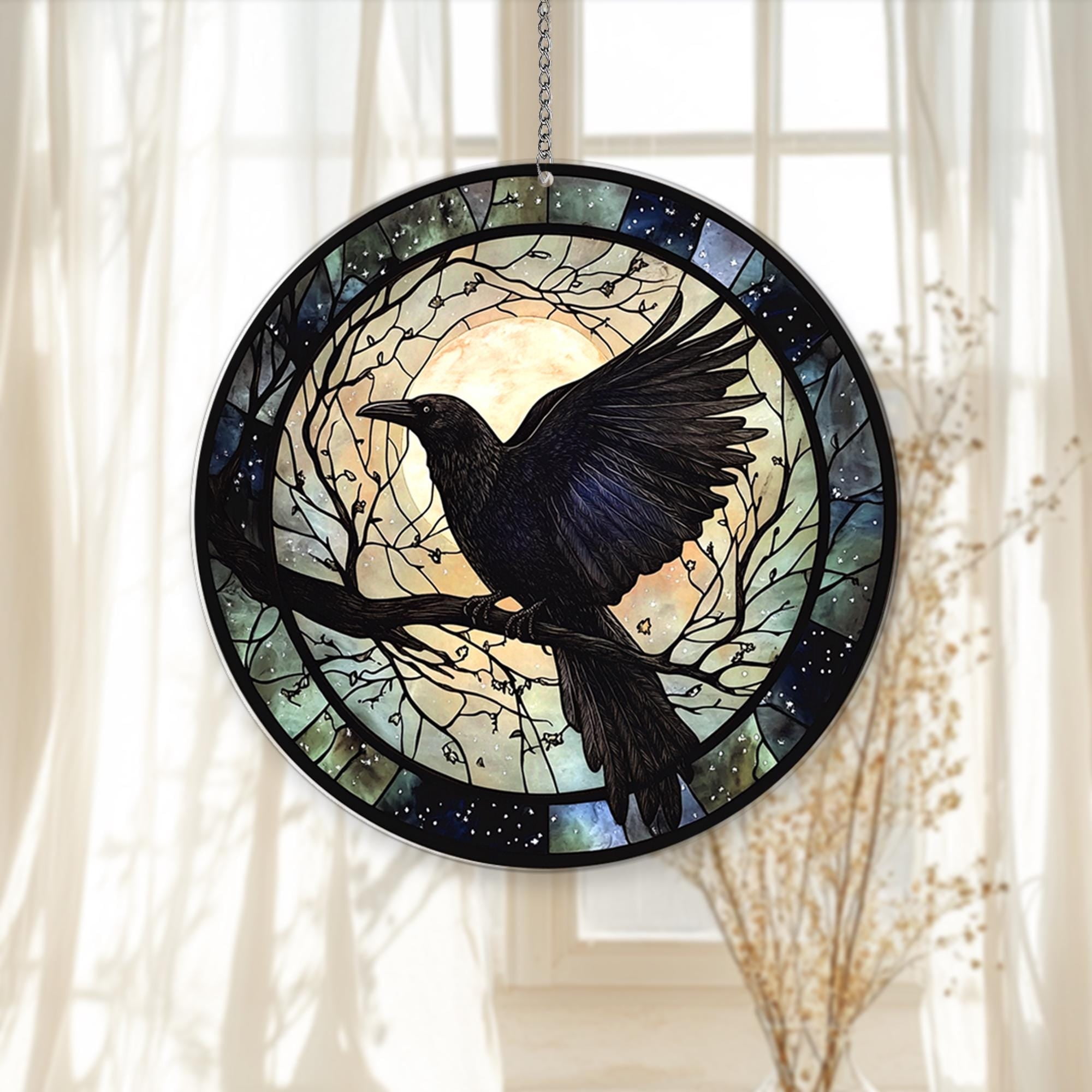 Crow and Full Moon Acrylic Suncatcher Gothic Raven Window Hanging ...