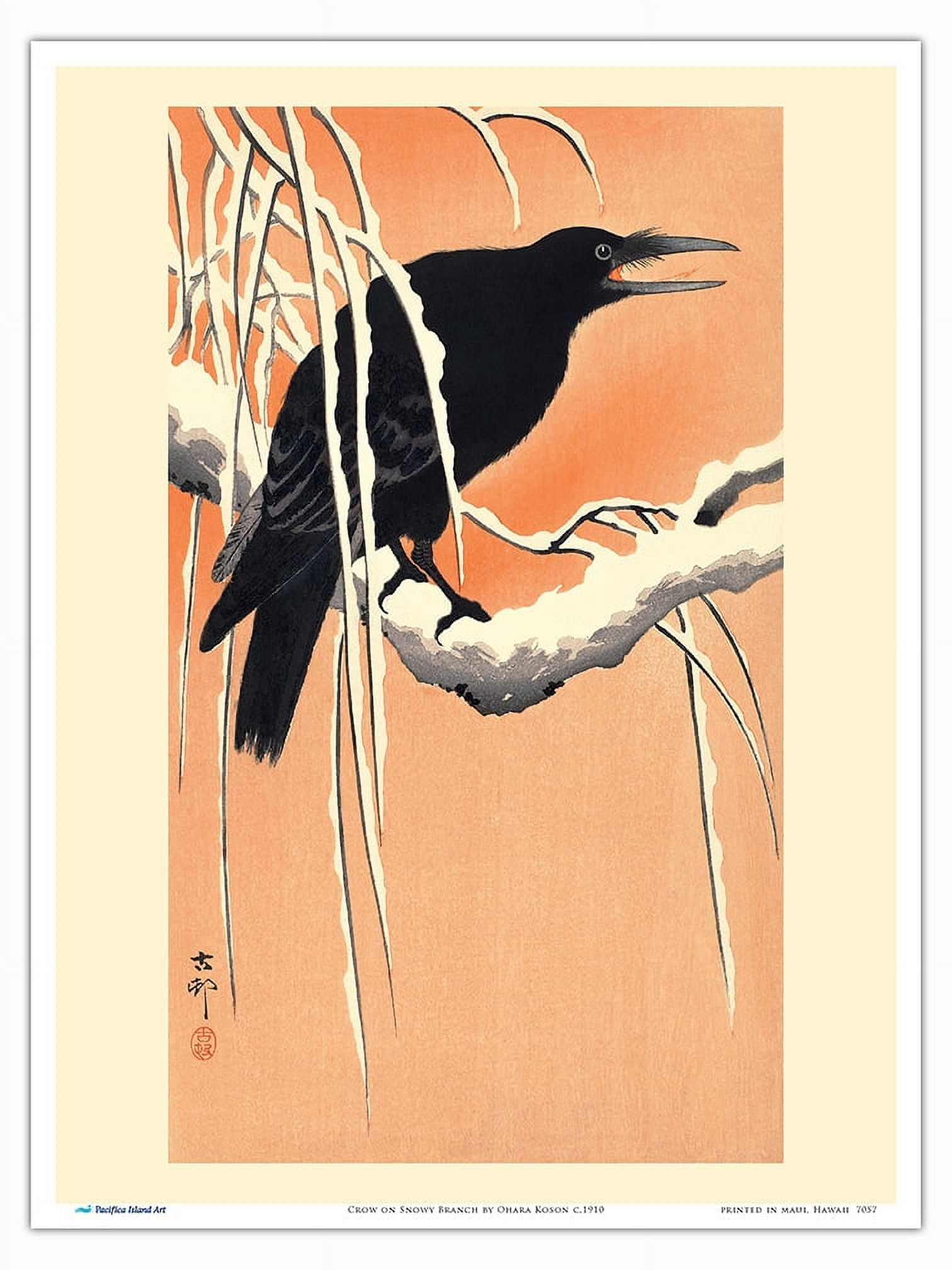 Crow on Snowy Branch - Vintage Japanese Woodblock Print by Ohara Koson ...