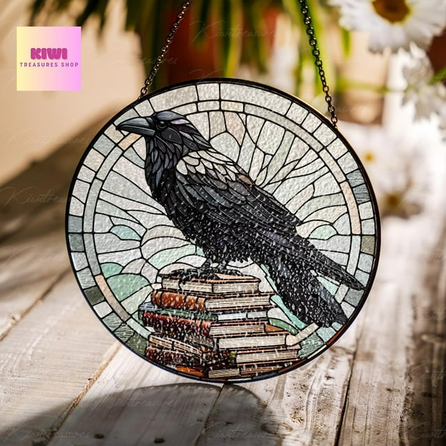 Crow on bookstack GLASS Suncatcher, Crow Suncatcher Ornament, bird ...