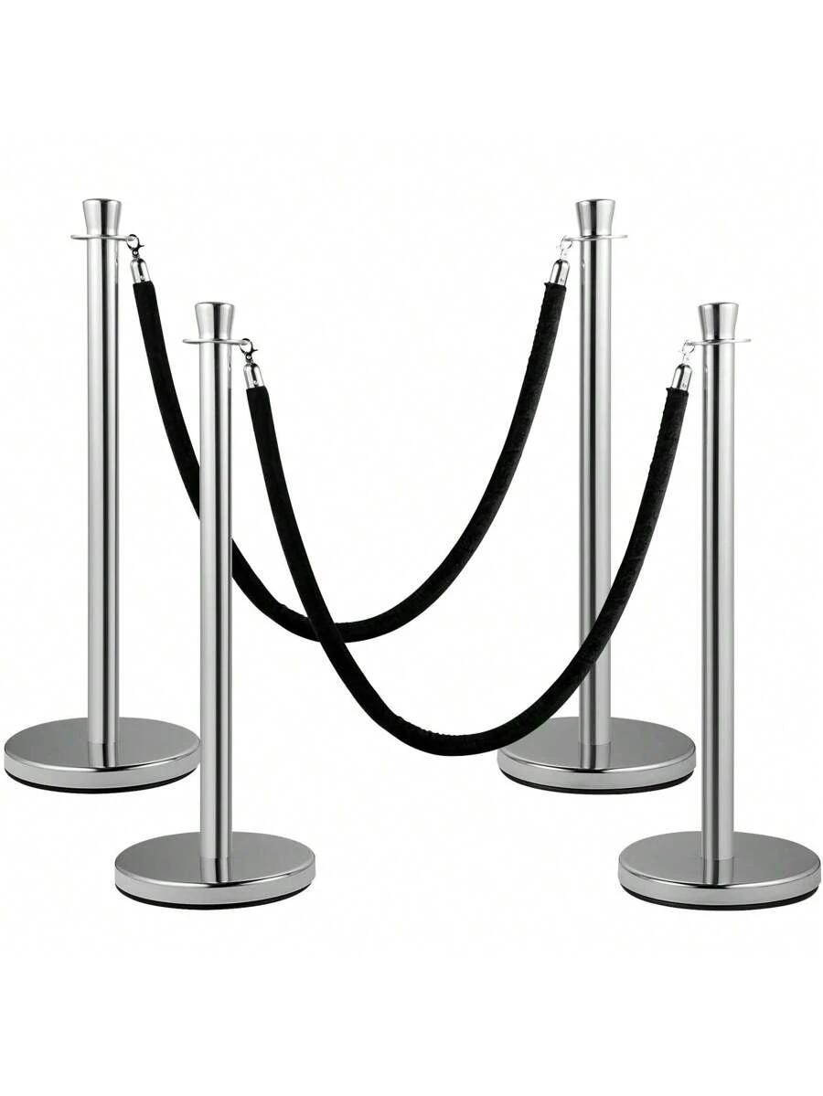 Crowd Control Stanchions (2/4/6-Piece Sets) - Silver/Black with 5ft Red ...