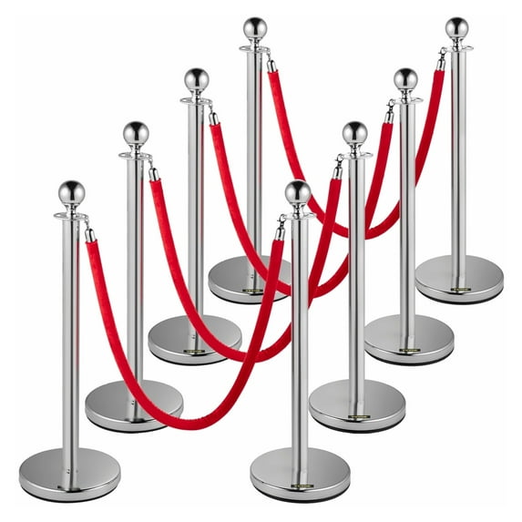 Crowd Control Stanchions 8-Pack, Silver 35.4" Stanchion Set with 5ft Velvet Ropes, Heavy Duty ...