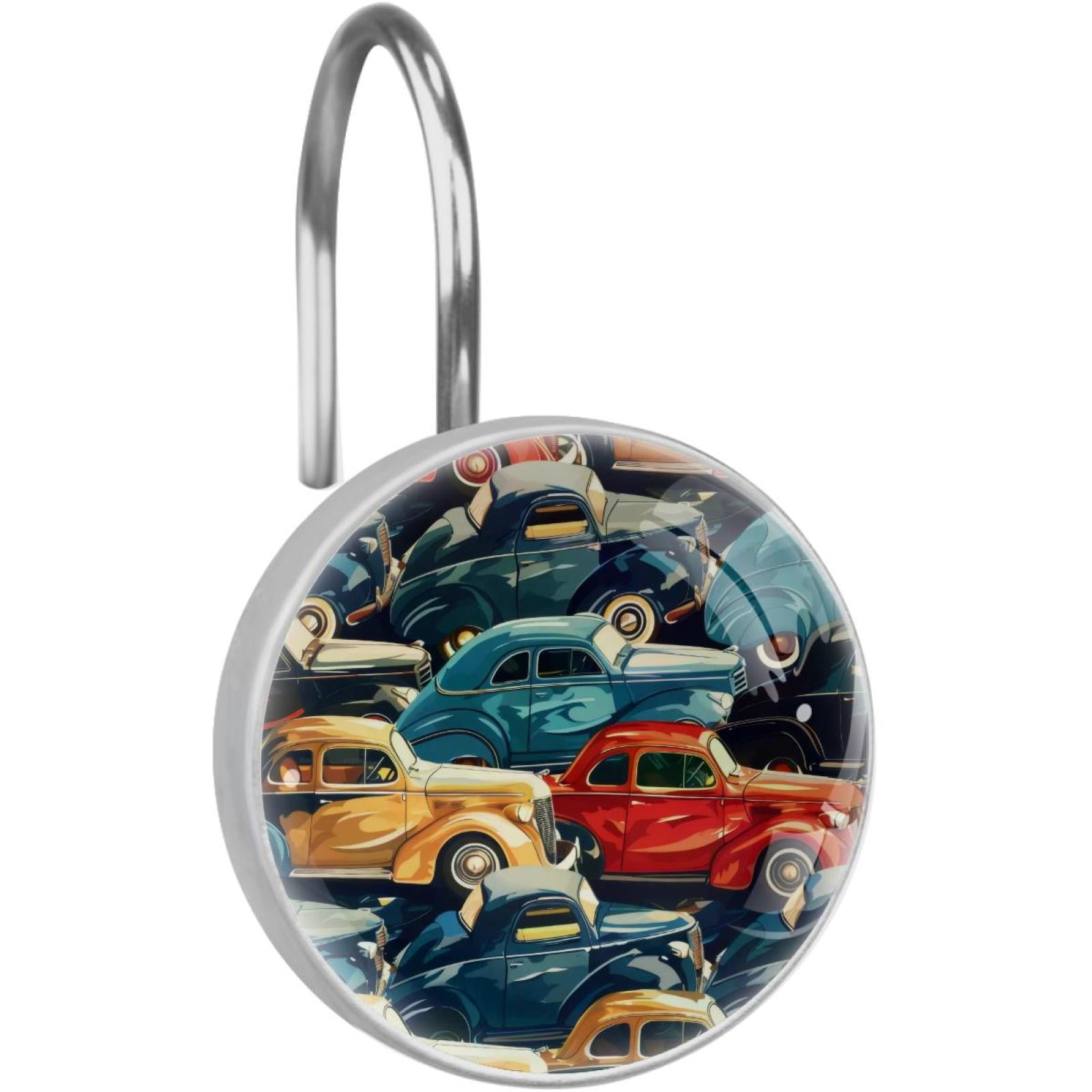 Crowded Retro Cars Shower Curtain Hooks Round Crystal Glass, Set of 12 ...