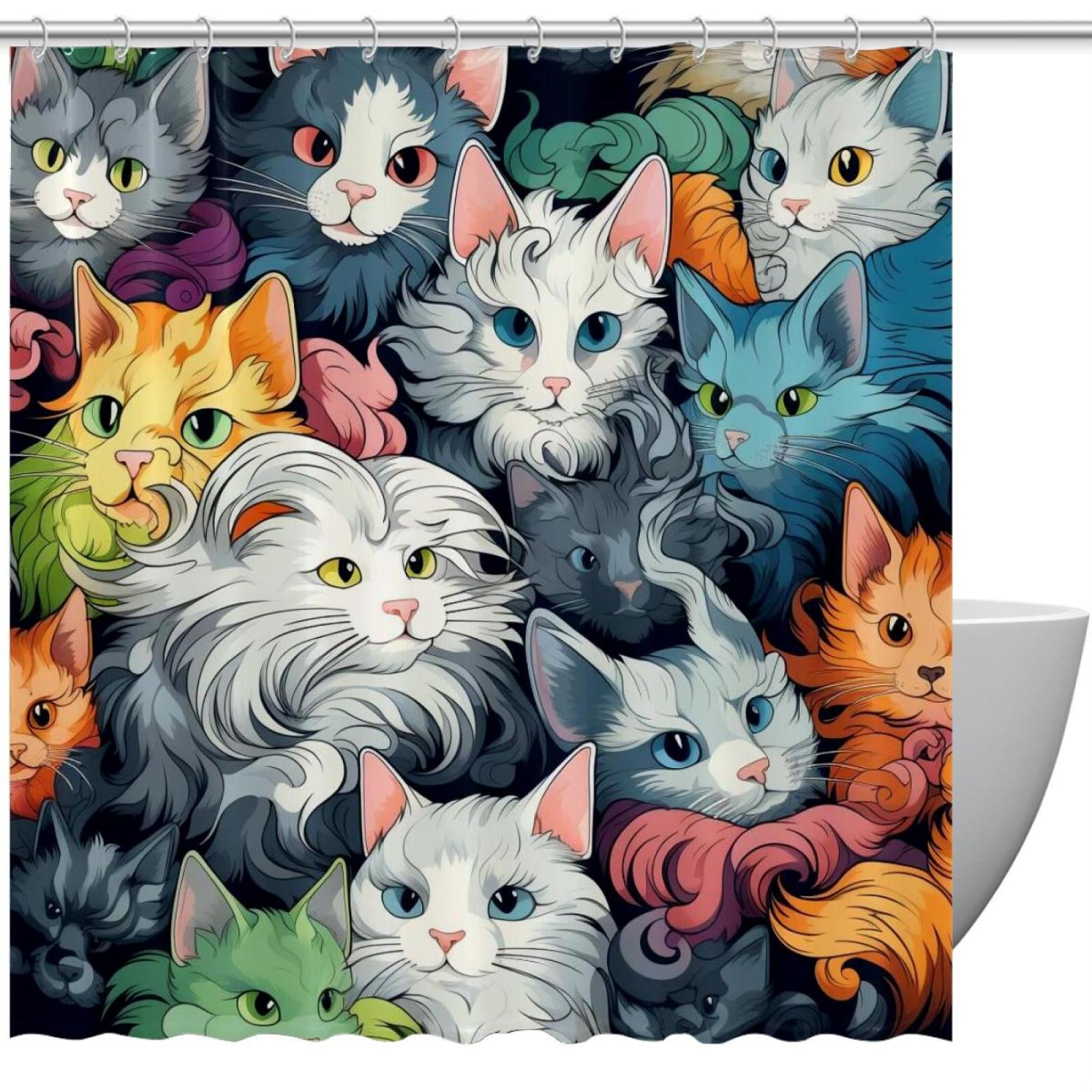 Crowds of Cats Shower Curtain Set with Hooks,Home Bathroom Bathtubs Decor Easy Care Machine ...