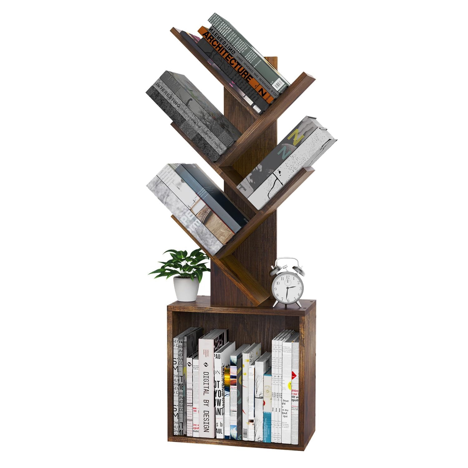 Crowdstage 5 Tier Tree Bookshelf, Rustic Brown, Large Drawer, Space ...