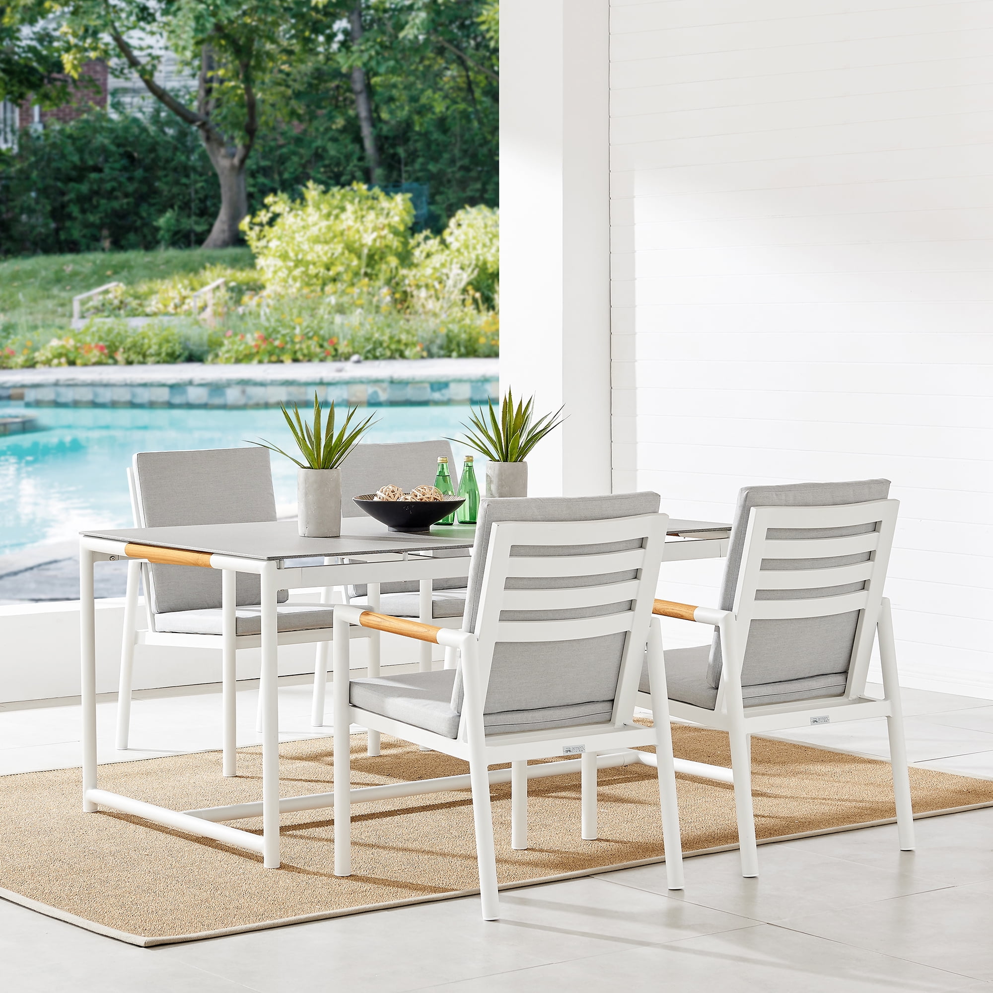 Crown 5 Piece White Aluminum and Teak Outdoor Dining Set with Light ...