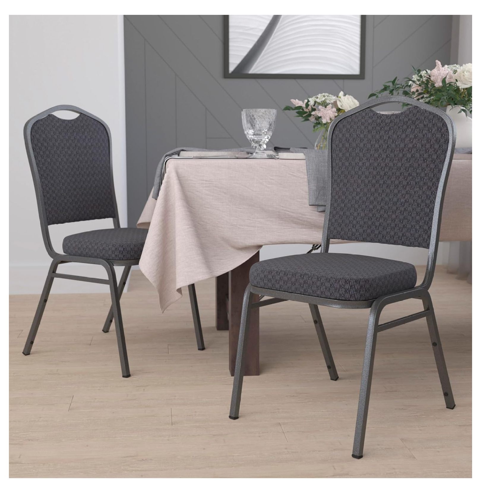 Crown Back Banquet Chair with Black Patterned Fabric and Silver Vein ...
