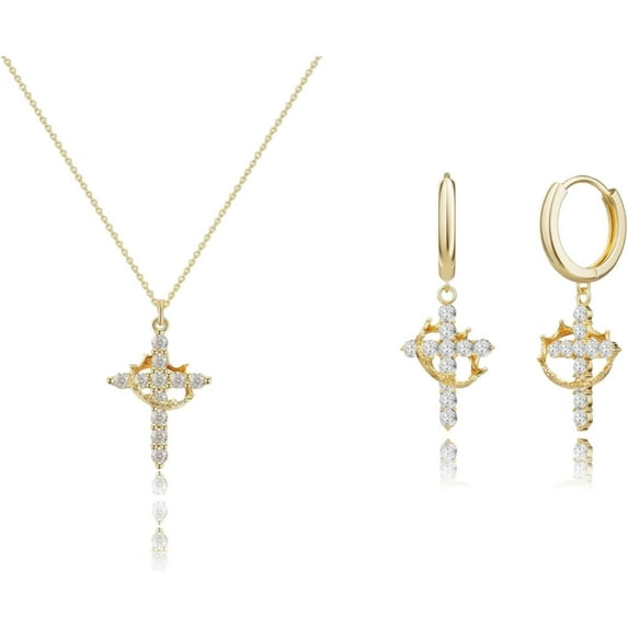 Crown Cross Necklace & Earring Set for Women, Titanium Steel Gold ...