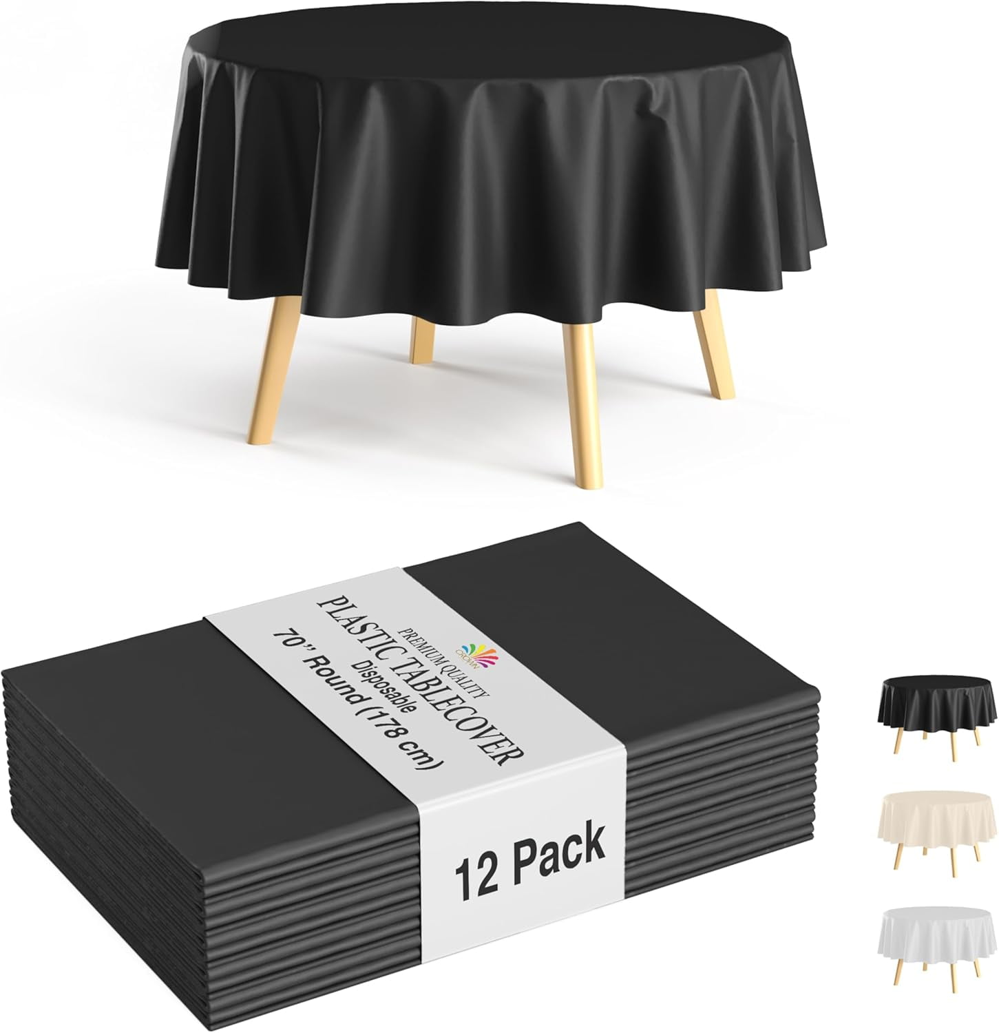 Crown Display 12-Pack Black Round Plastic Tablecloths | 70 Inch ...