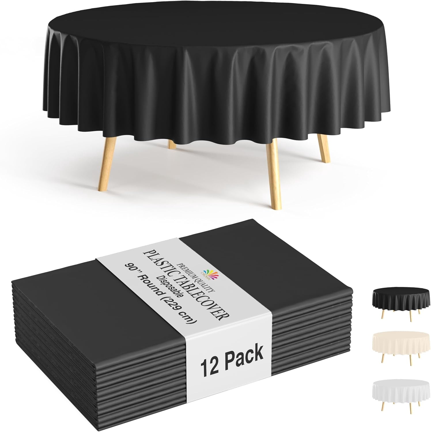 Crown Display 12-Pack Black Round Plastic Tablecloths | 90 Inch ...