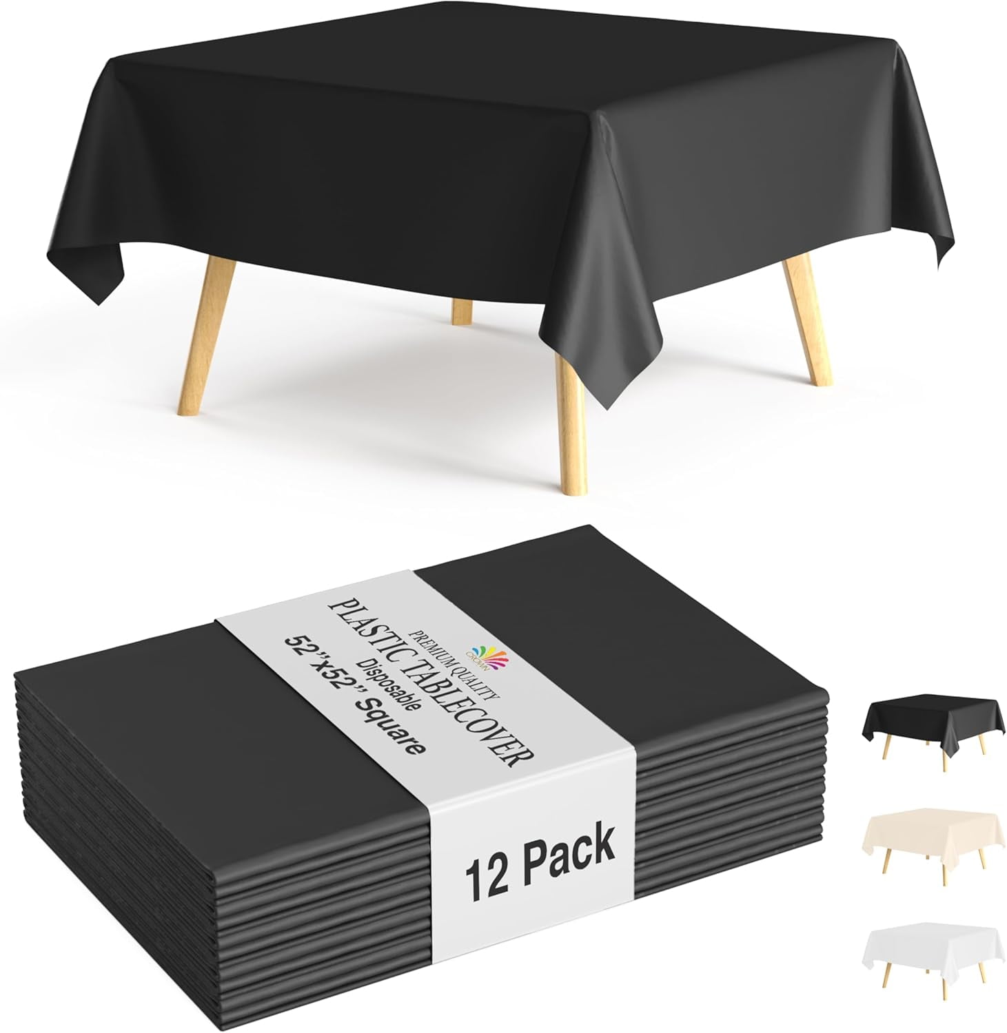 Crown Display 12-Pack Black Square Plastic Tablecloths | 52x52 Inch ...