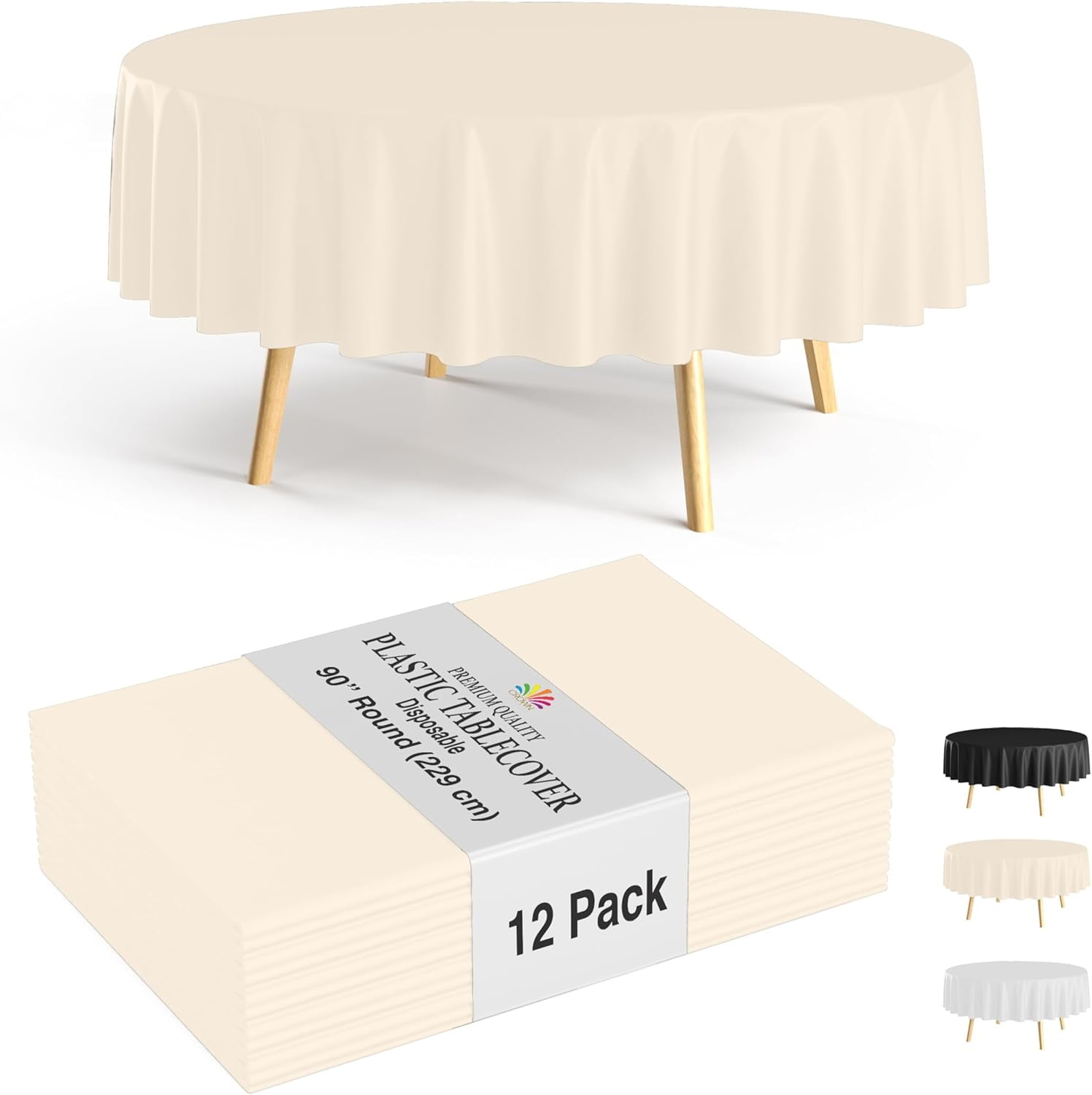 Crown Display 12-Pack Ivory Round Plastic Tablecloths | 90 Inch ...