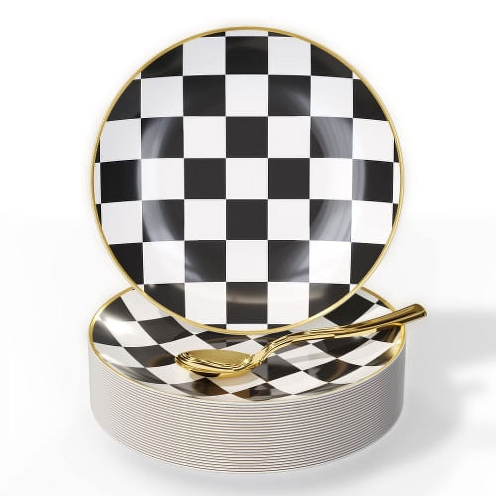 Crown Display 120 Count Checkered Disposable Dessert Plates with Gold ...