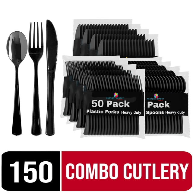 Crown Display 150-Piece Black Disposable Cutlery Plastic Spoons Forks ...