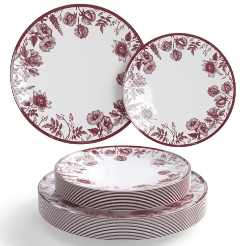 Crown Display Burgundy Floral Disposable Plates 200 Pc Set | 100x8 ...