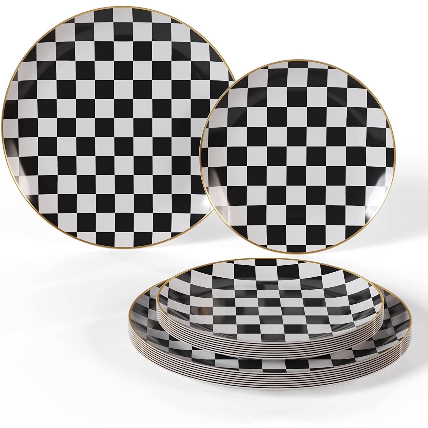 Crown Display Fancy Black and White Checkered Plastic Plate Set with ...