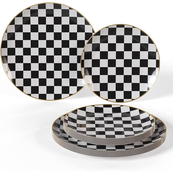 Crown Display Fancy Black and White Checkered Plastic Plate Set with ...