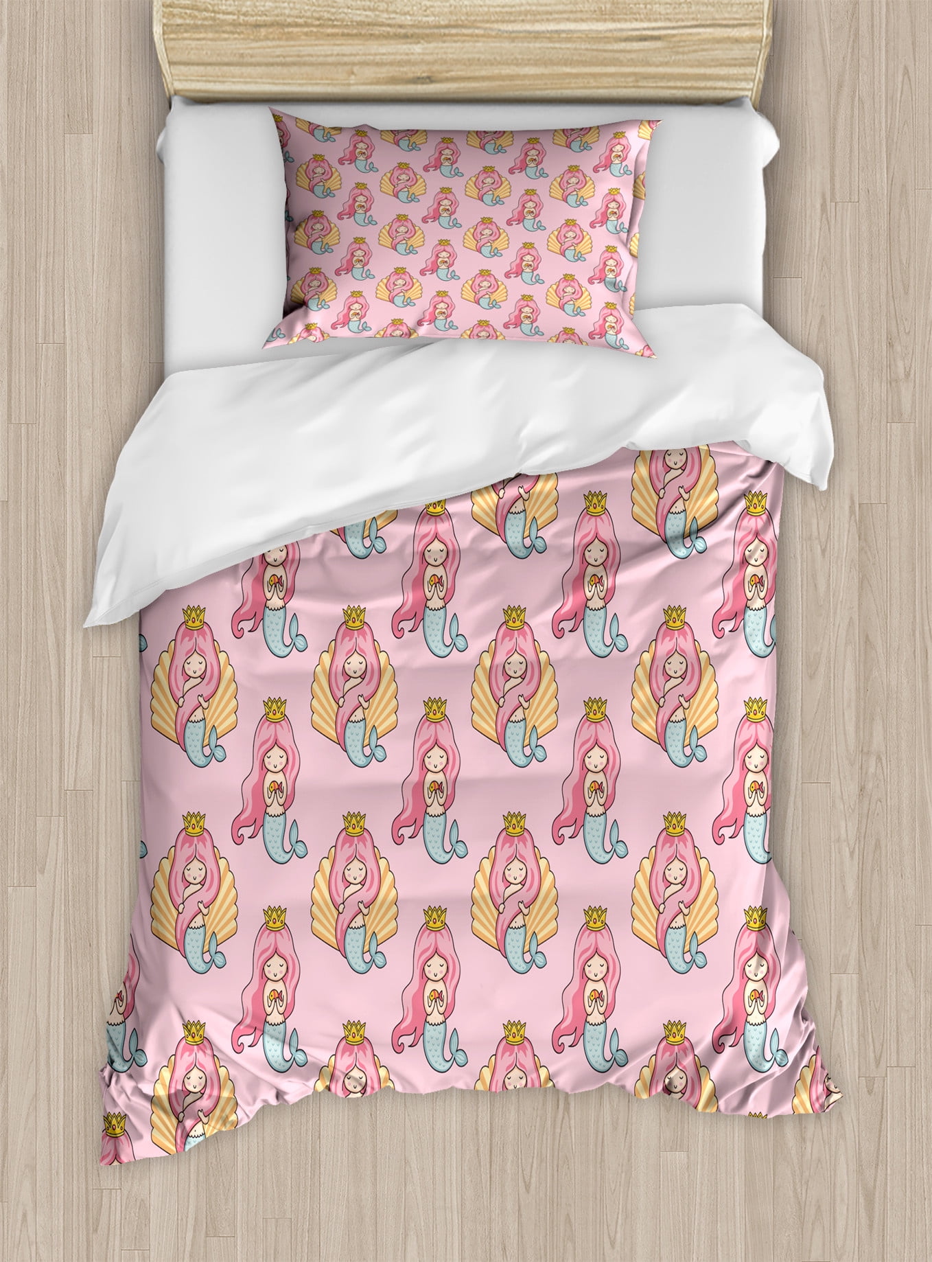Crown Duvet Cover Set, Cartoon Style Queen Mermaids Along Lengthy Hair ...