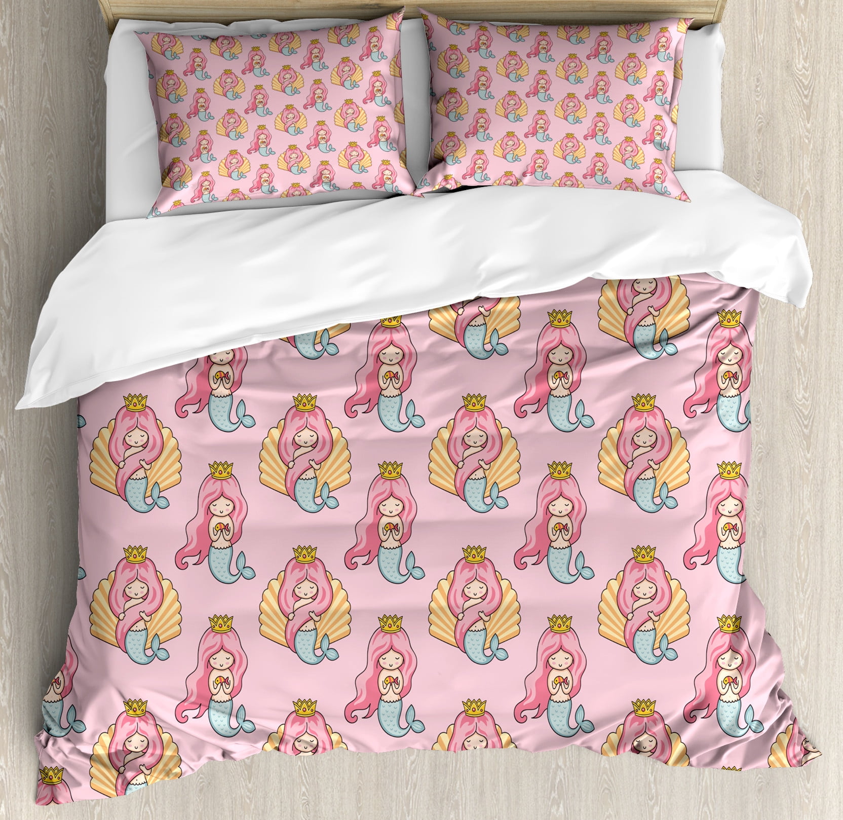 Crown Duvet Cover Set, Cartoon Style Queen Mermaids Along Lengthy Hair ...