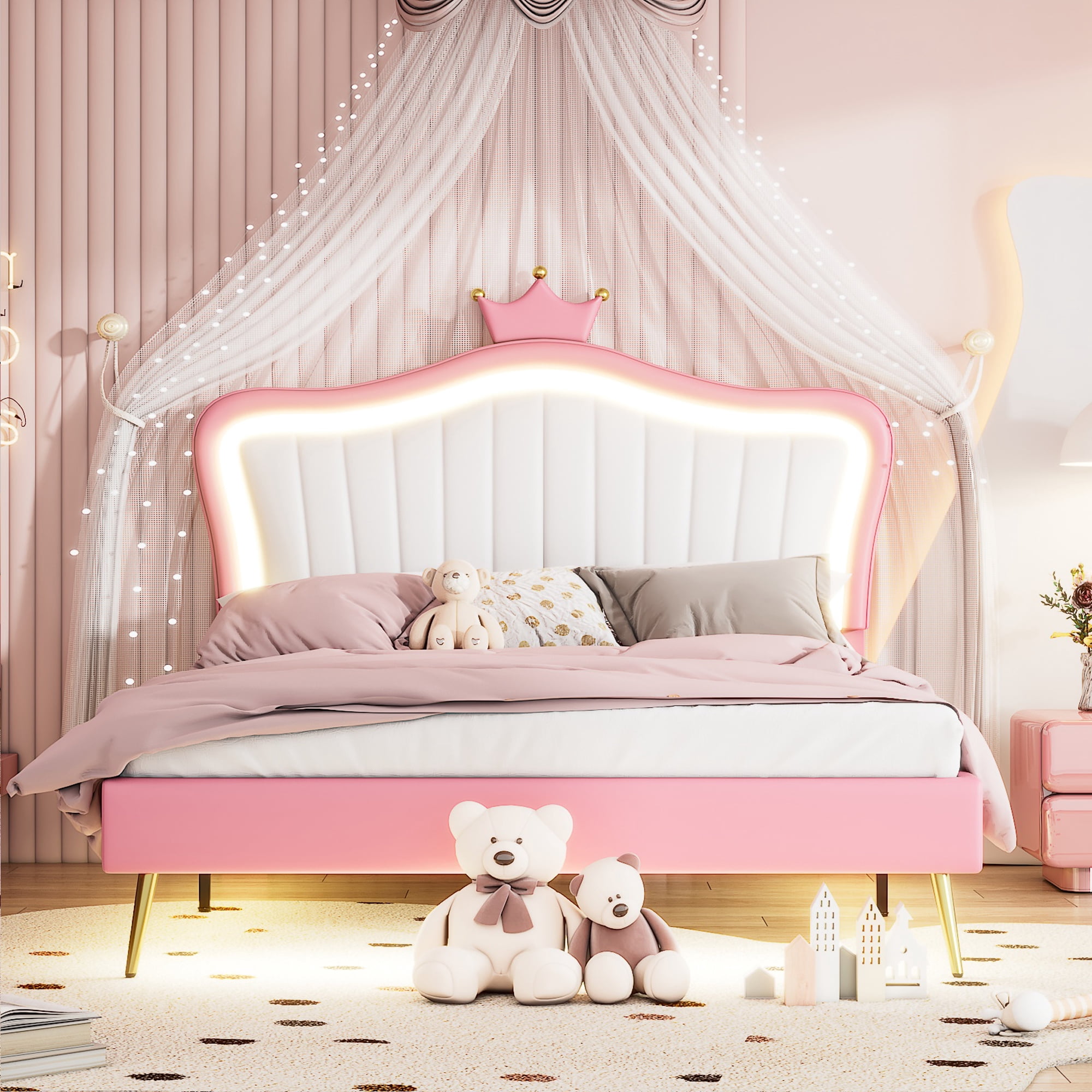 Queen Size Upholstered Bed Frame with LED Lights,Modern Upholstered ...