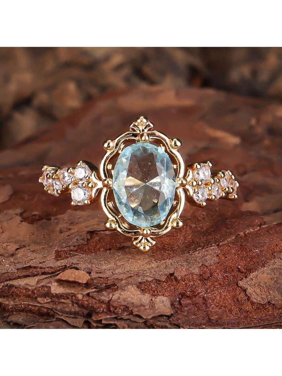 Crown Light Blue Diamond Ring, Elegant Oval Gemstone Statement Ring ...