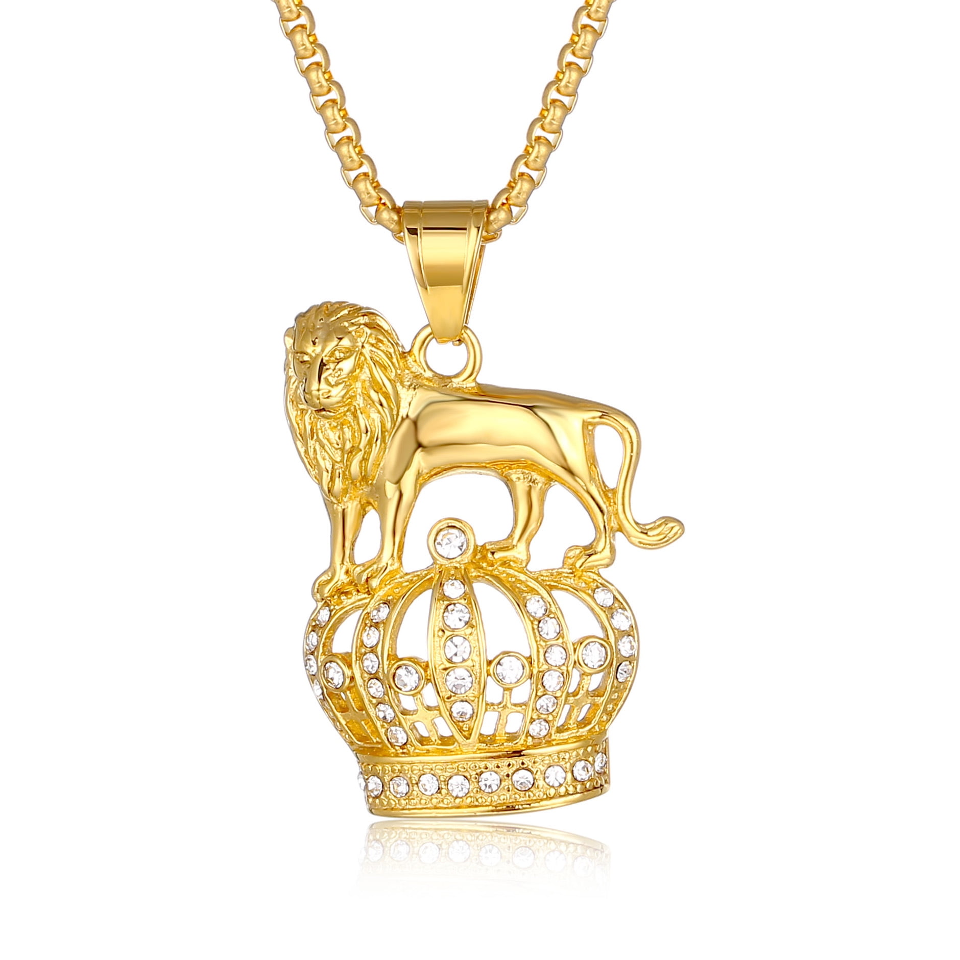 Crown Lion Head Head Animal Inlaid Cubic Zirconia Pendant Necklace for ...