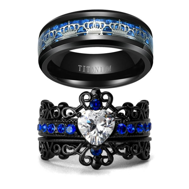 Crown Matching Rings Couple Ring Blue 1CT CZ Women Wedding Ring Set ...