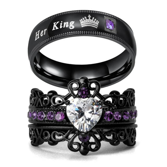 Crown Matching Rings Couple Ring Purple 1CT CZ Women Wedding Ring Set ...