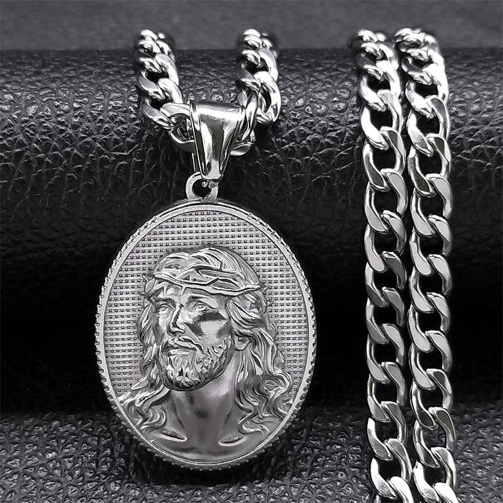 Crown of Thorns Jesus Medal Christian Men's Necklace 14K White Gold ...