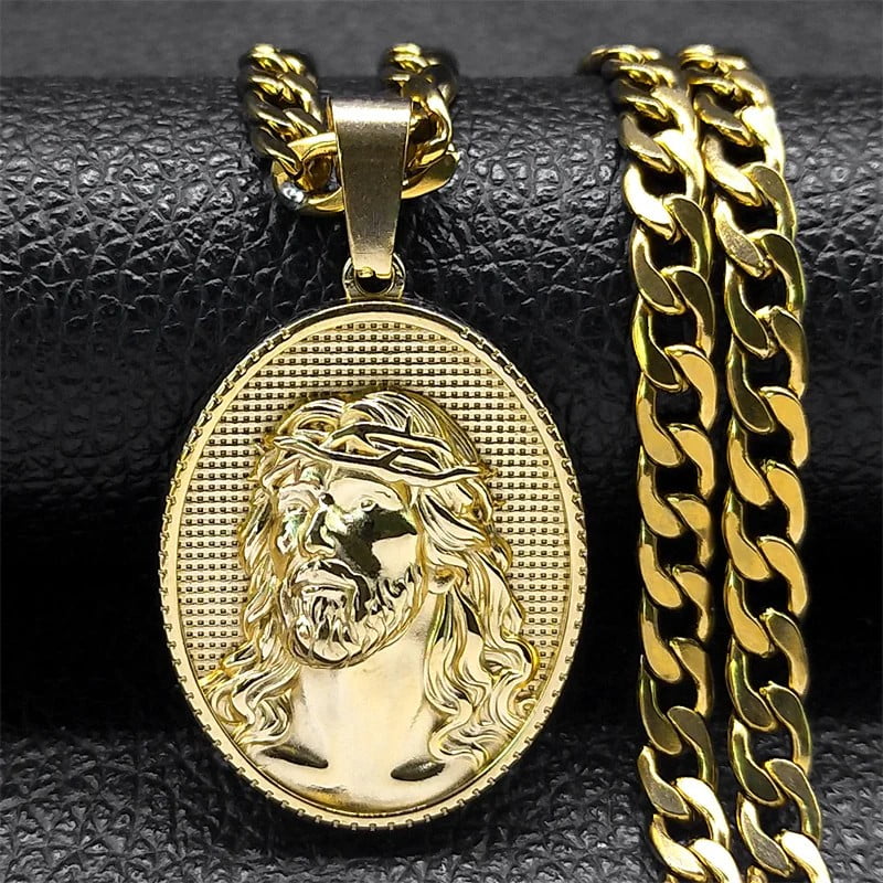 Crown of Thorns Jesus Men Necklace Hip Hop 14K Yellow Gold Christ Medal ...