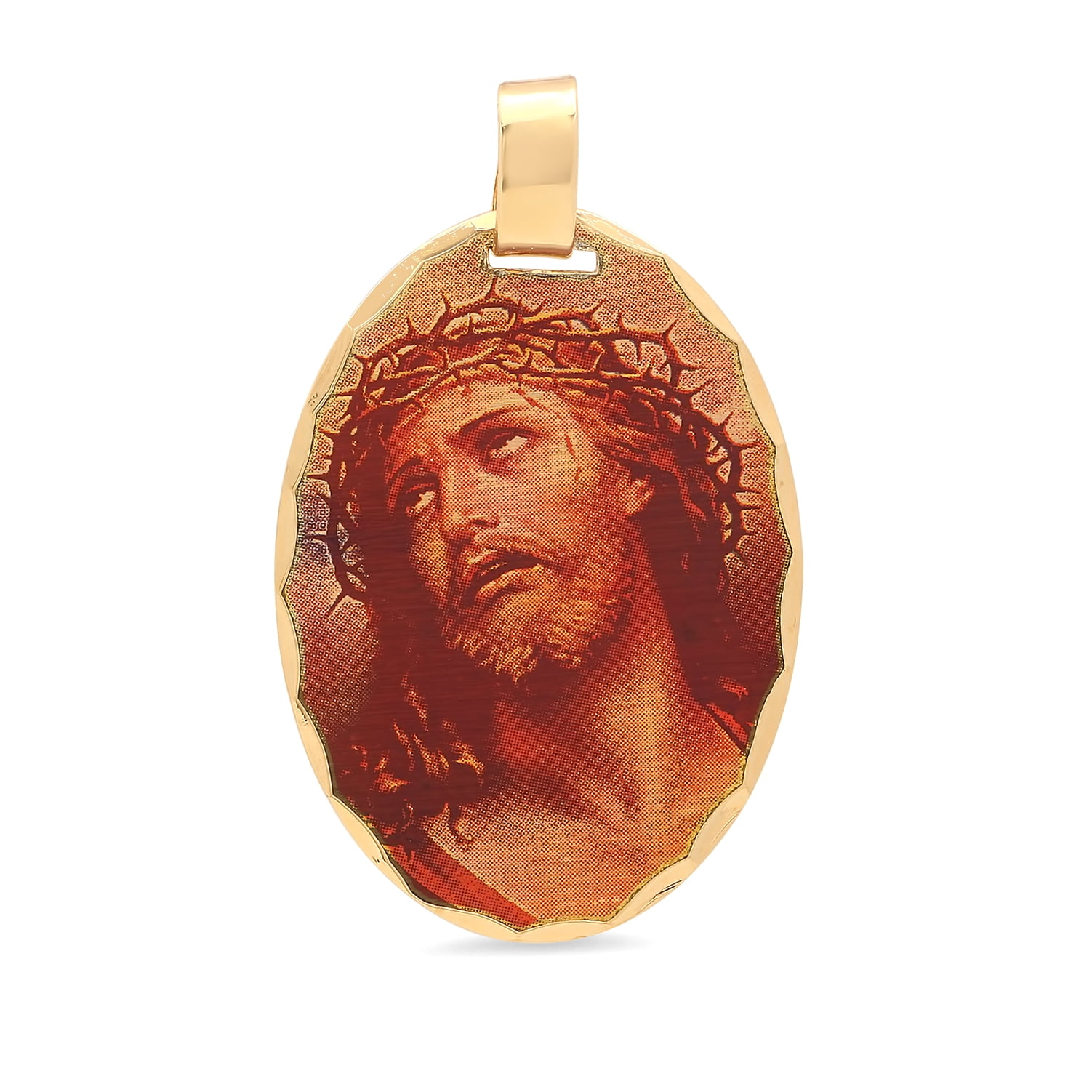 Crown of Thorns Jesus Portrait 14K Gold Heavy Plated Edge Pendant + 30 ...