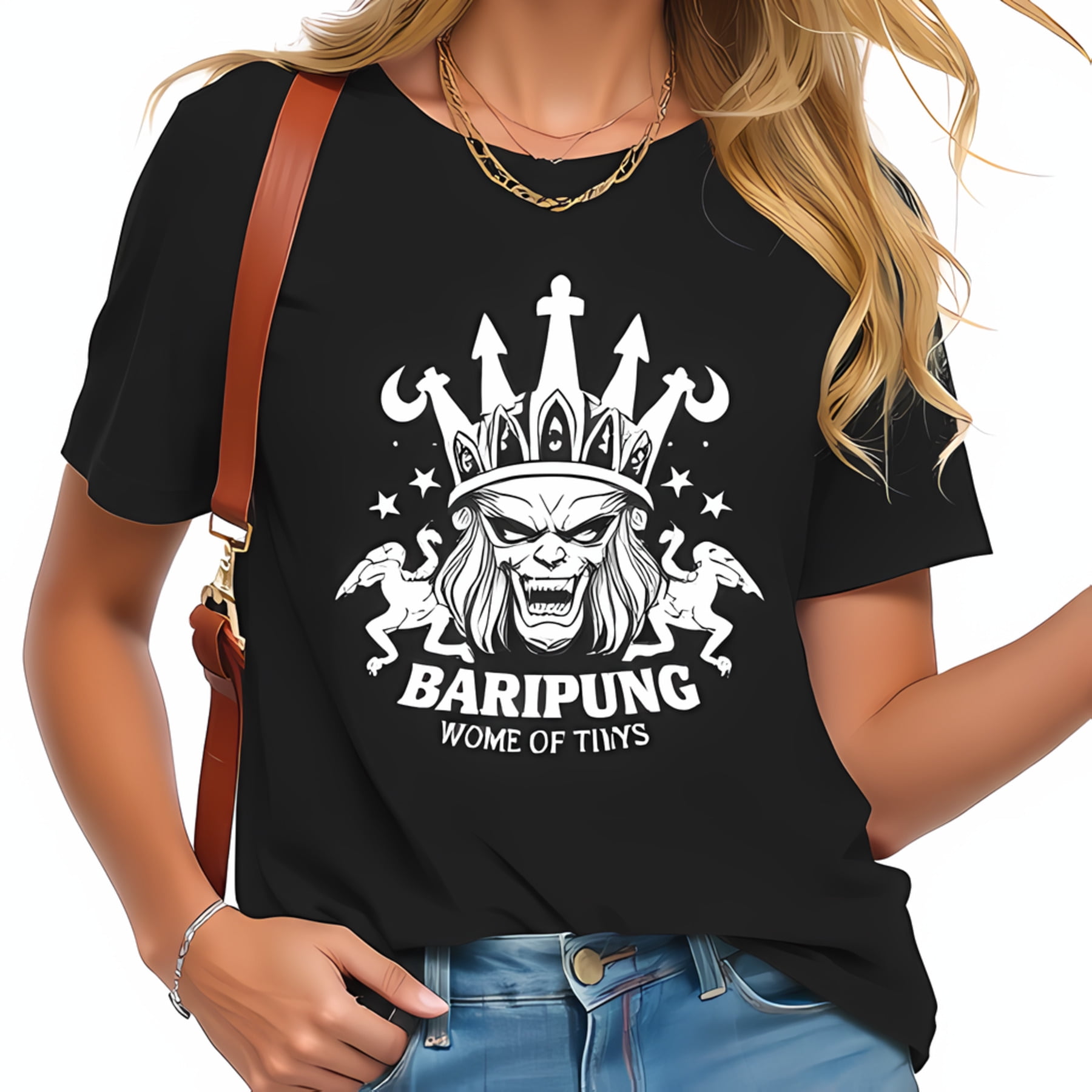 Crowned Demonic Face Graphic Cotton Short Sleeve T-Shirt for Women ...