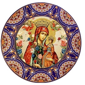 Crowned Virgin Mary and Christ Unfading Bloom Icon in Wooden Circular ...